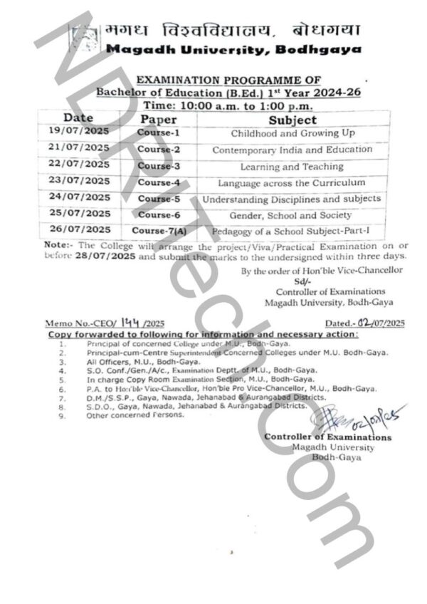 Magadh University BEd Part 1 Exam Date 2025 BEd 1st Year Schedule PDF - NDRI Tech